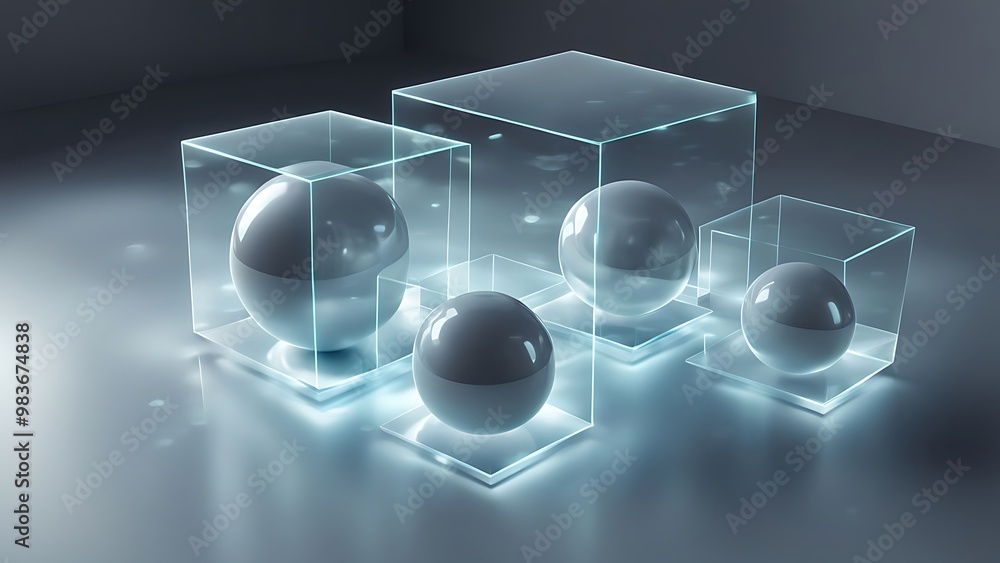 Floating cubes and spheres arranged in layers, with transparent ...