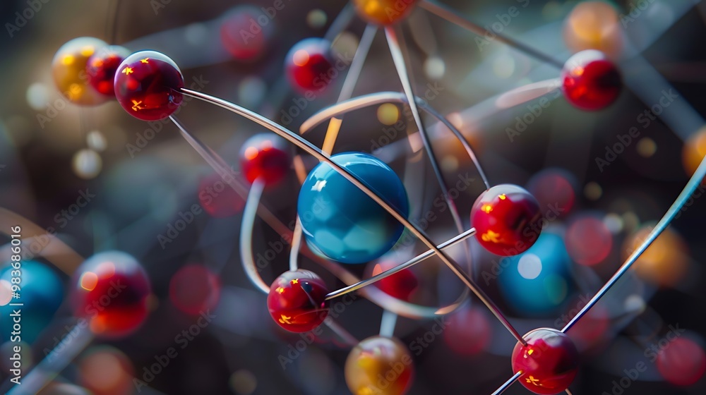 Atomic model with a blue center representing the nucleus and red ...