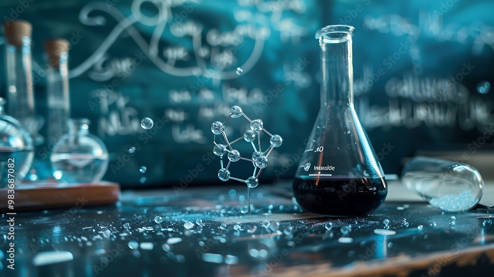 Chemistry laboratory experiments featuring beakers filled with dark ...