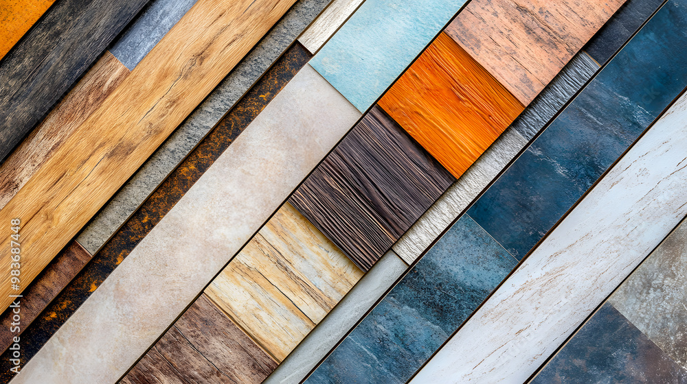 Colorful vinyl tiles with diverse textures, featuring patterns like ...