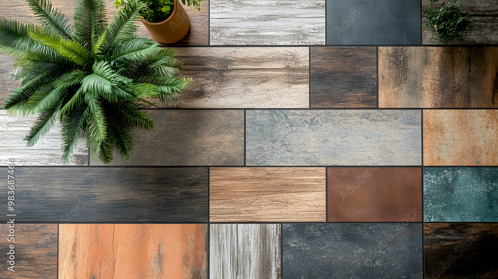 Colorful vinyl tiles with diverse textures, featuring patterns like ...