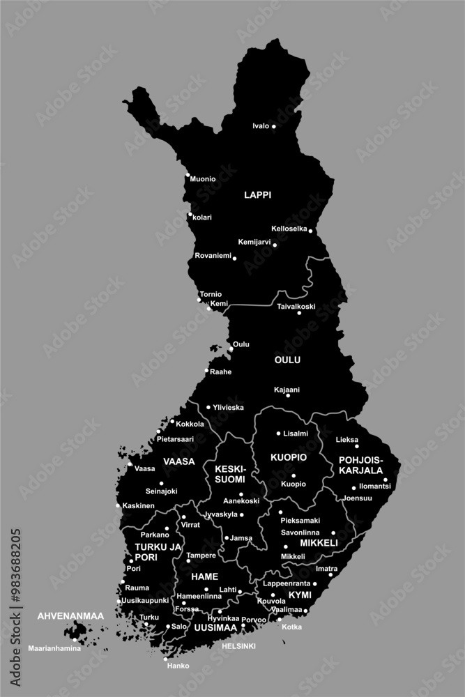 Map of the Republic of Finland with detailed regional boundaries and ...