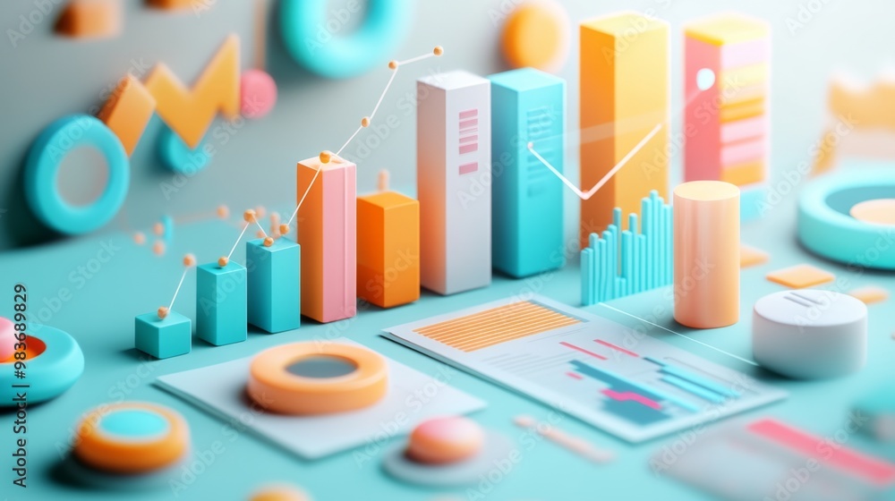 Colorful 3D bar charts and data visualizations representing business ...