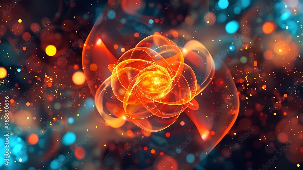 Abstract living atomic structure with core energy shining light amidst ...