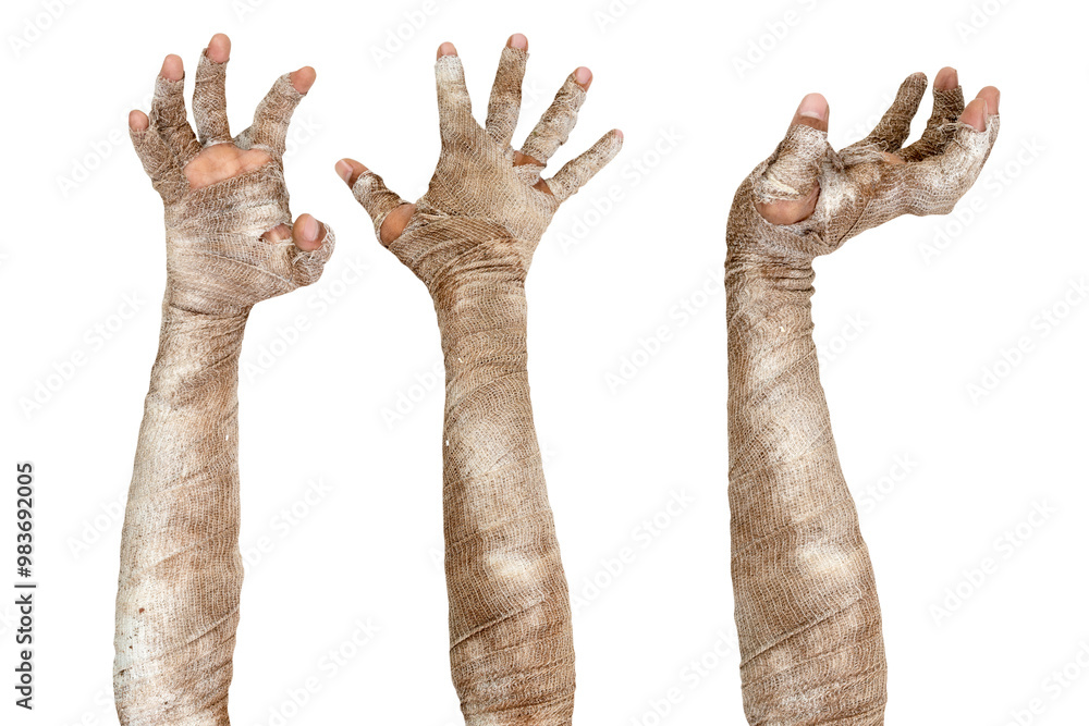 Set of mummy hands have dirty bandages on them. Mummy, devil, evil ...