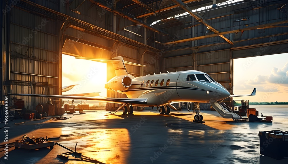 Sunny hangar featuring a private jet surrounded by maintenance ...