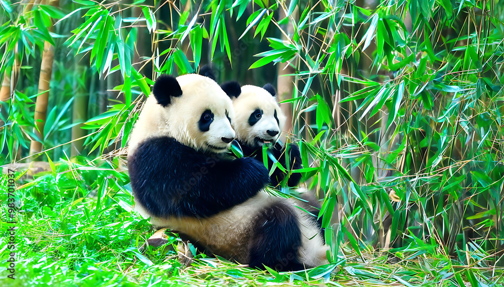 Charming panda portrait with bamboo background, highlighting its ...