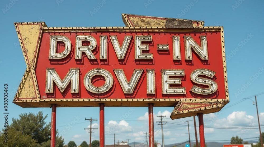 Classic vintage drive-in movies sign with aged and worn appearance ...