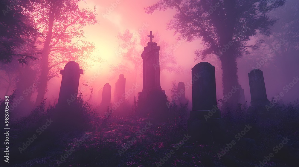 Purple Halloween cemetery scene with gravestones, fog, and shadows ...