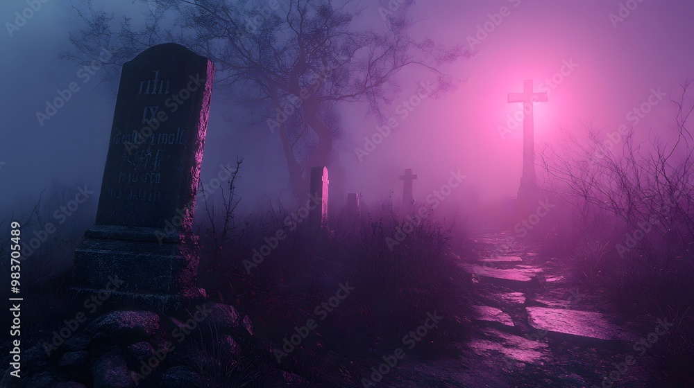 Purple Halloween cemetery scene with gravestones, fog, and shadows ...