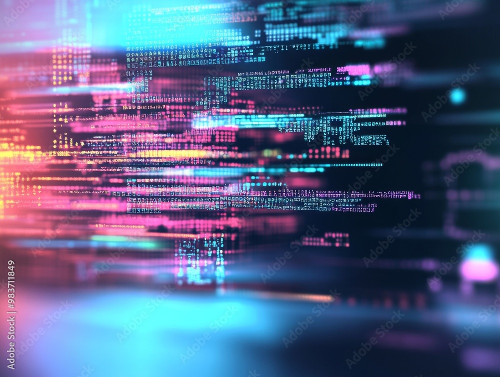 Abstract representation of software development with blurred computer code and screens ...