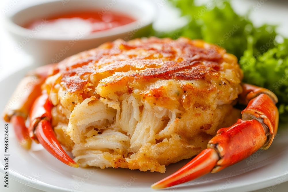 A crispy crab cake with a golden brown crust, served with a side of ...