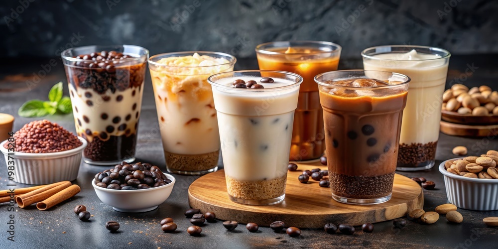 Assorted iced coffee drinks with toppings such as boba, cereal, and ...