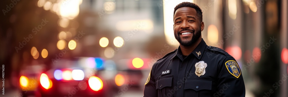 A friendly African-American police officer smiles confidently while on ...