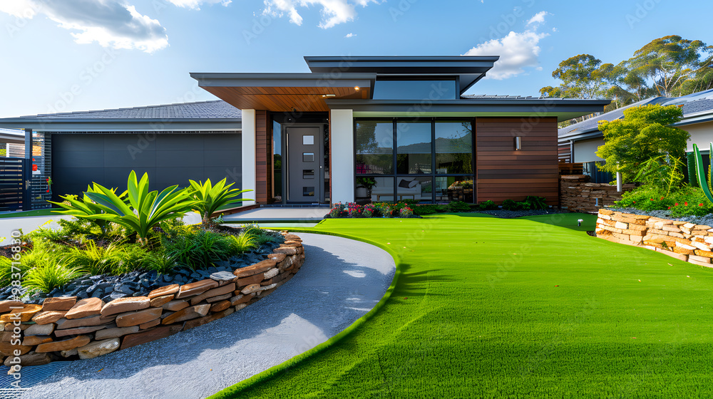 Contemporary Australian home front yard showcasing artificial grass ...