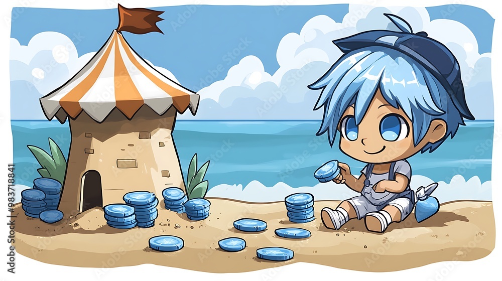 Cute Cartoon Boy Playing with Blue Tokens on a Beach with a Sandcastle ...