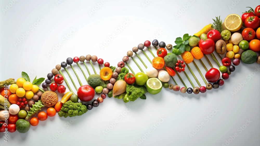 DNA strand made of different fruits and vegetables representing GMO ...