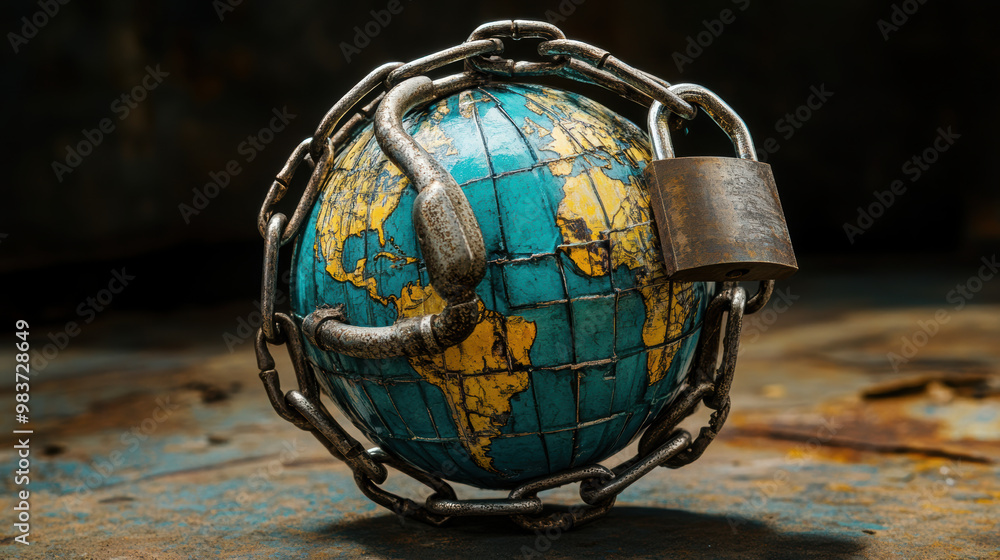 A globe encased in steel chains and locked with padlock symbolizes ...