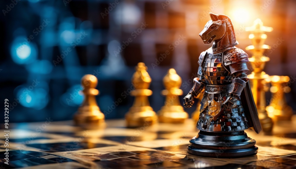 A close-up of a metallic chess knight figure dressed in armor, standing ...