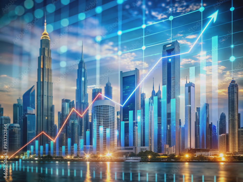 Motion blur photo of real gdp index chart uae- dubai city 5th place ...