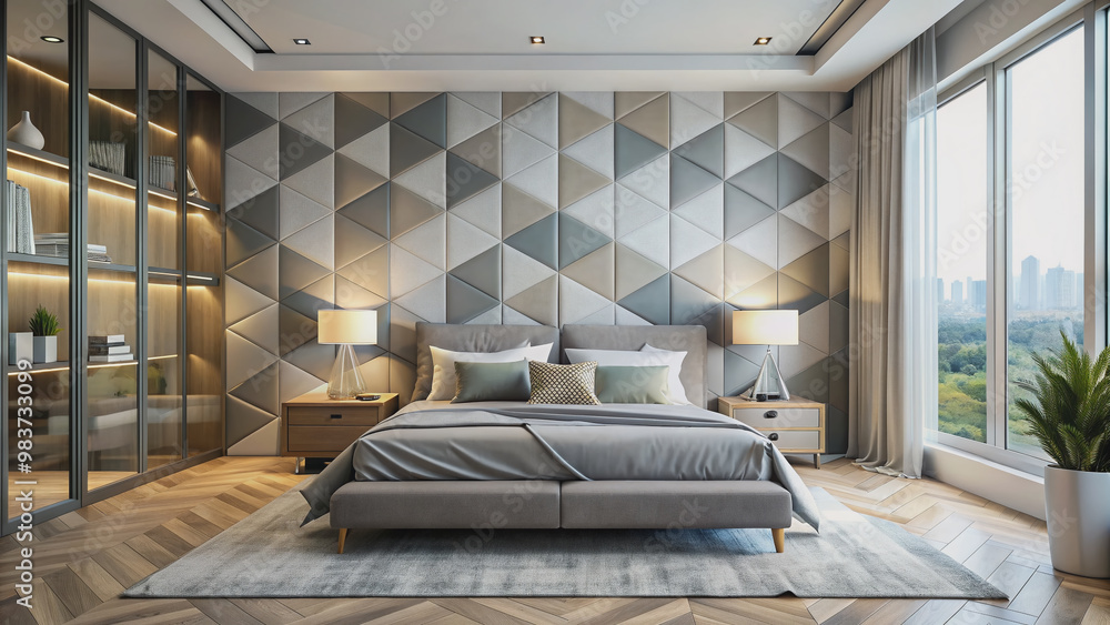 Modern bedroom with plush bed, large windows, and stunning geometric ...