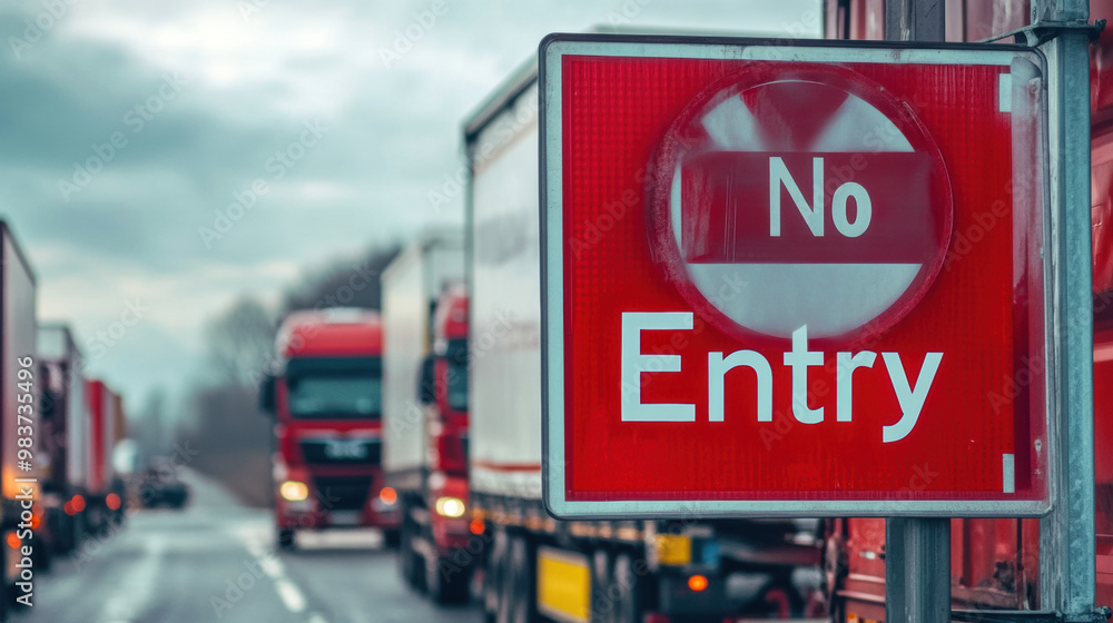 Trucks stopped at border with large No Entry sign, creating sense of ...
