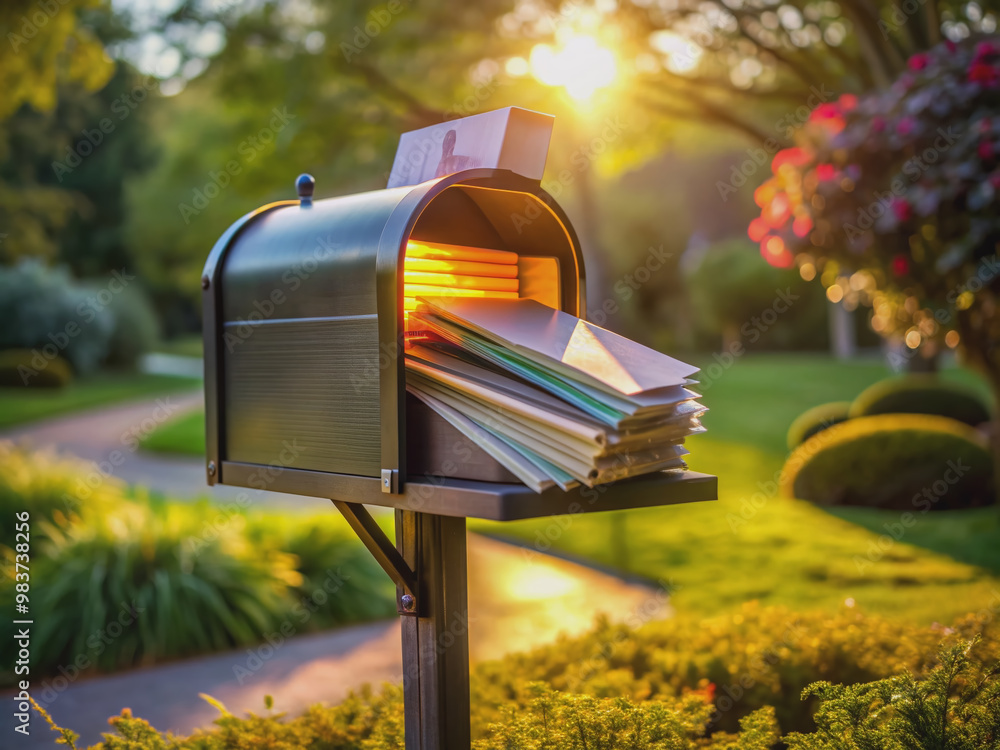 Vibrant solar-powered light shines down on a mailbox overflowing with a ...