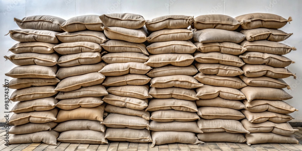 Stack of sandbags as flood protection, sandbags, stack, flood ...