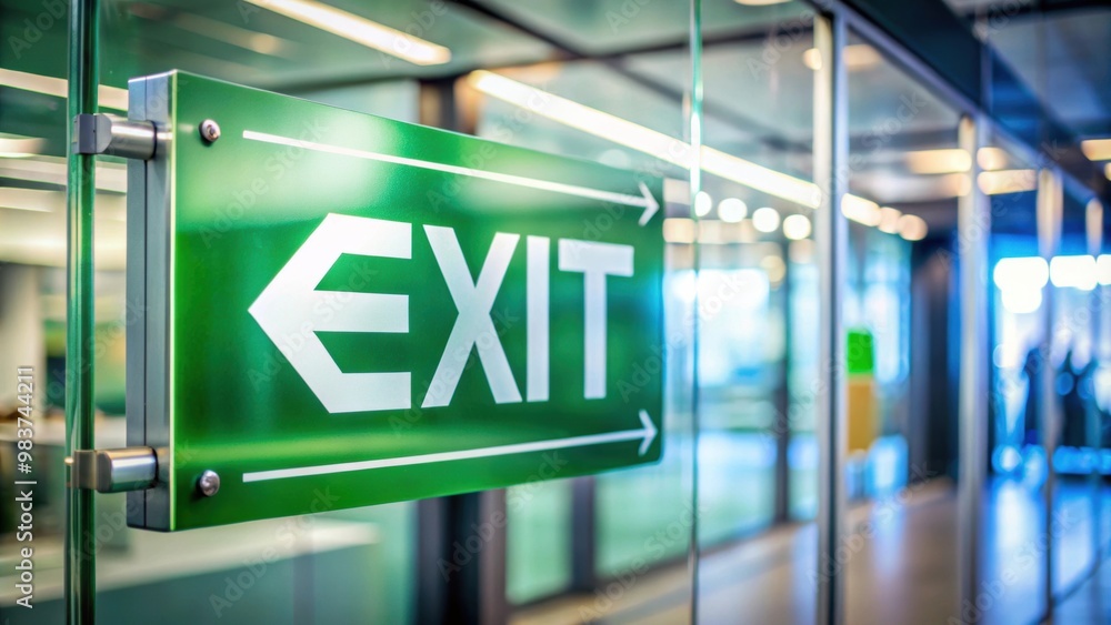 Exit sign on glass wall with a green arrow pointing to the left, exit ...