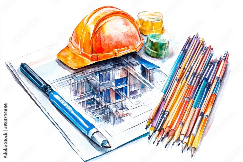 Watercolor illustration of an architect's design process featuring a ...