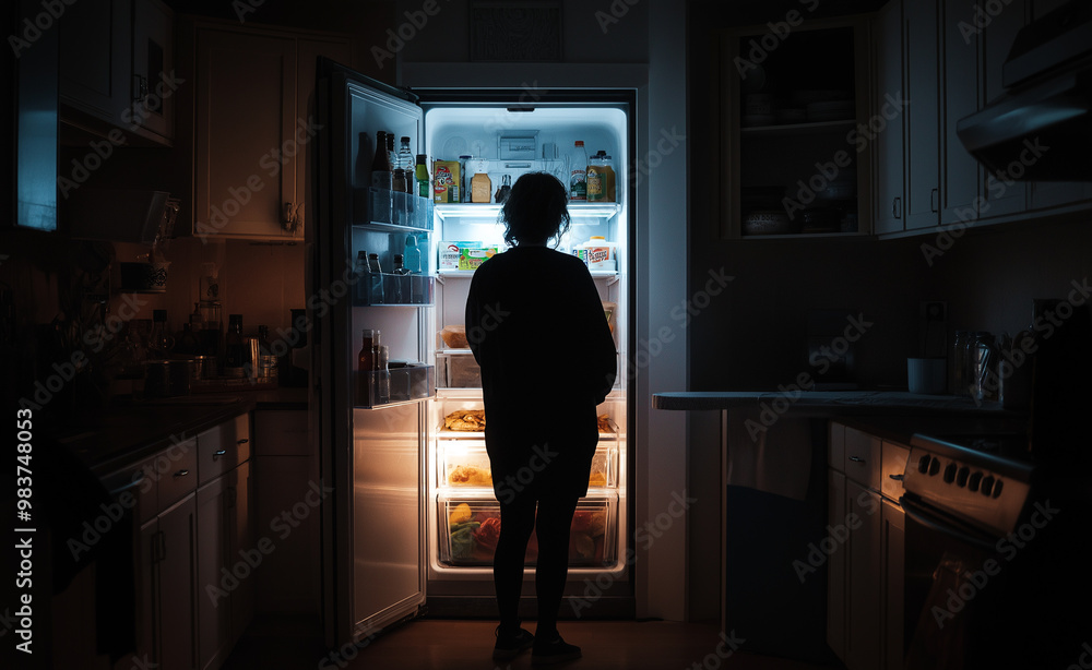 Person standing in front of an open fridge at night, illuminated by the ...