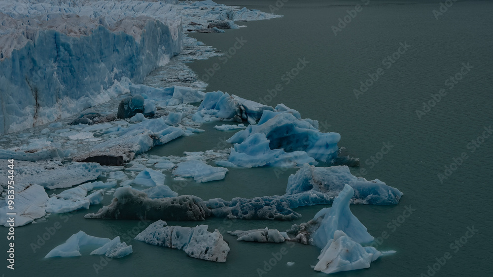 A fragment of a melting glacier. A wall of blue ice rises above a glacial lake. Melted ice floes ...