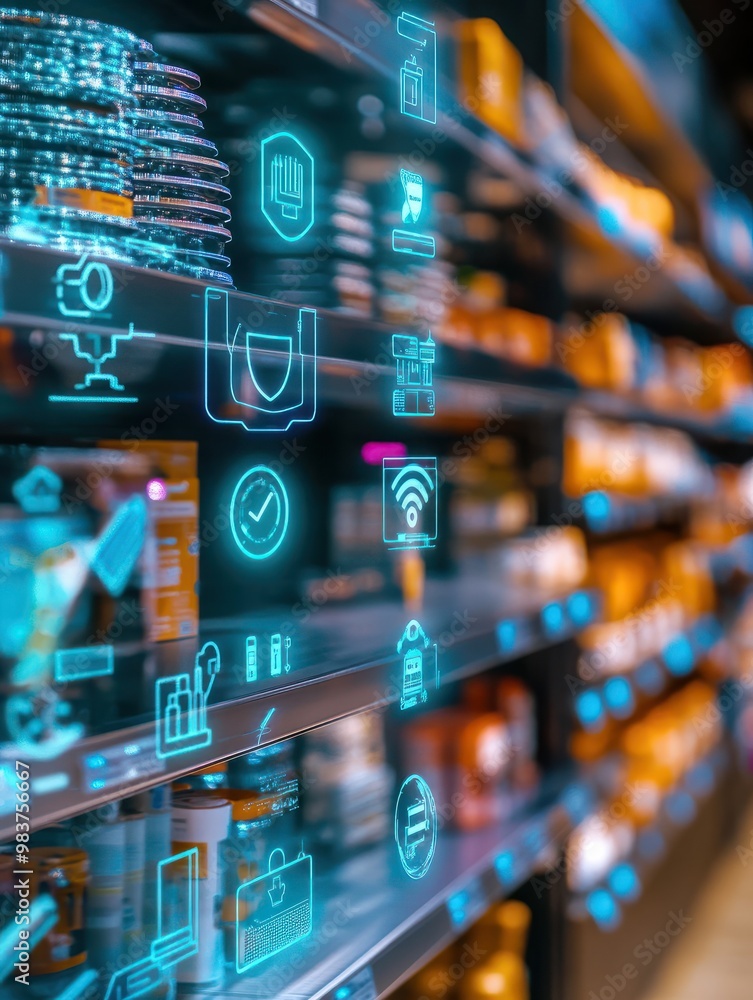 Innovative smart retail store shelves with digital icons displaying ...