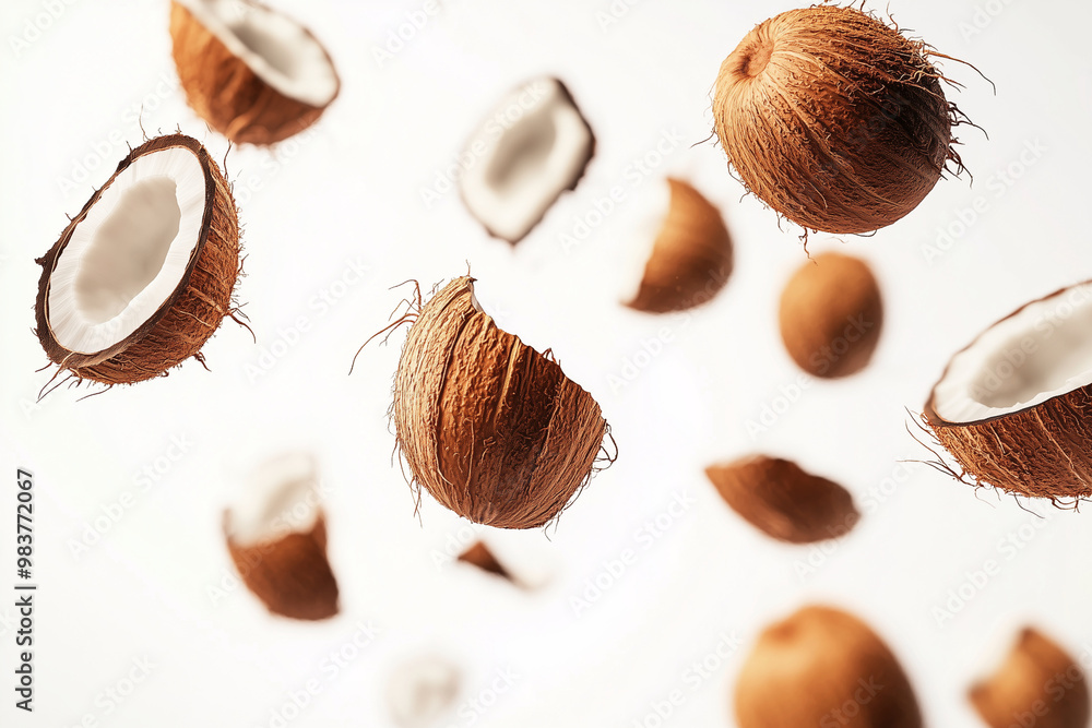 Coconuts are flying through the air in a white background. The coconuts ...