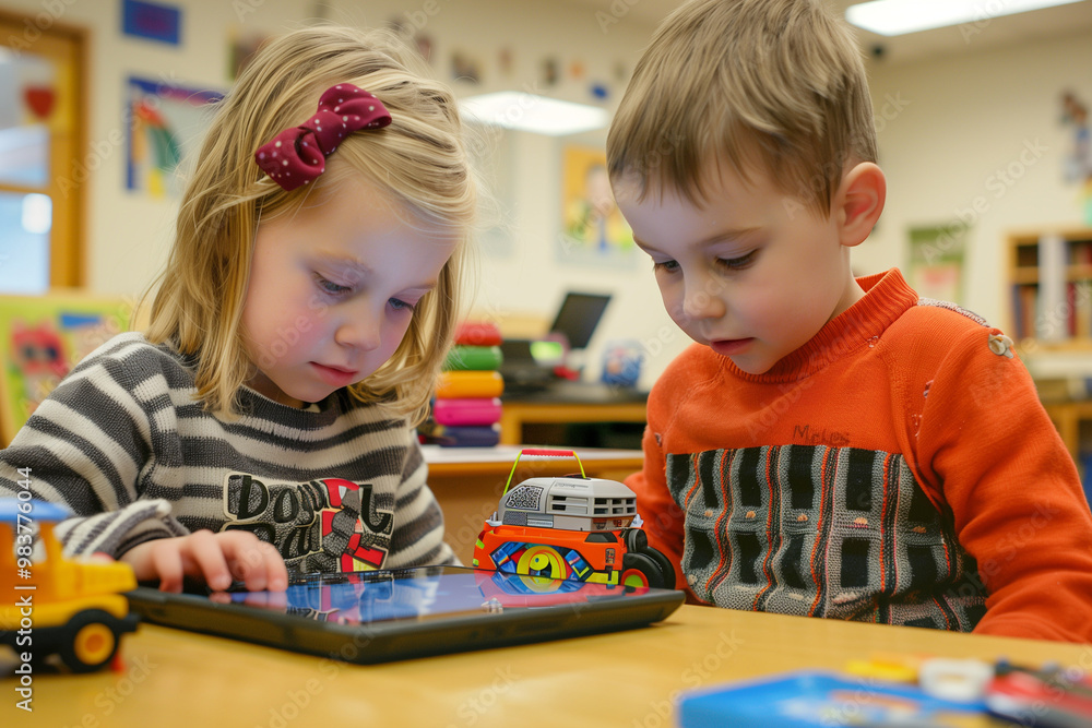 Boy and a Girl working with tablets "Children engaged with technology ...