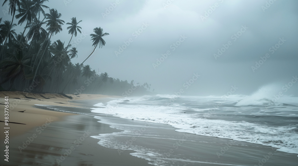 A stormy beach during La Niña, with strong winds whipping up the waves ...