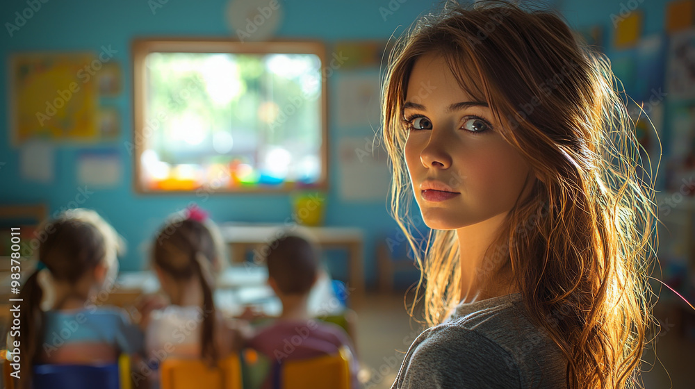 Young woman with long brown hair looks over her shoulder in a classroom. Stock Illustration ...