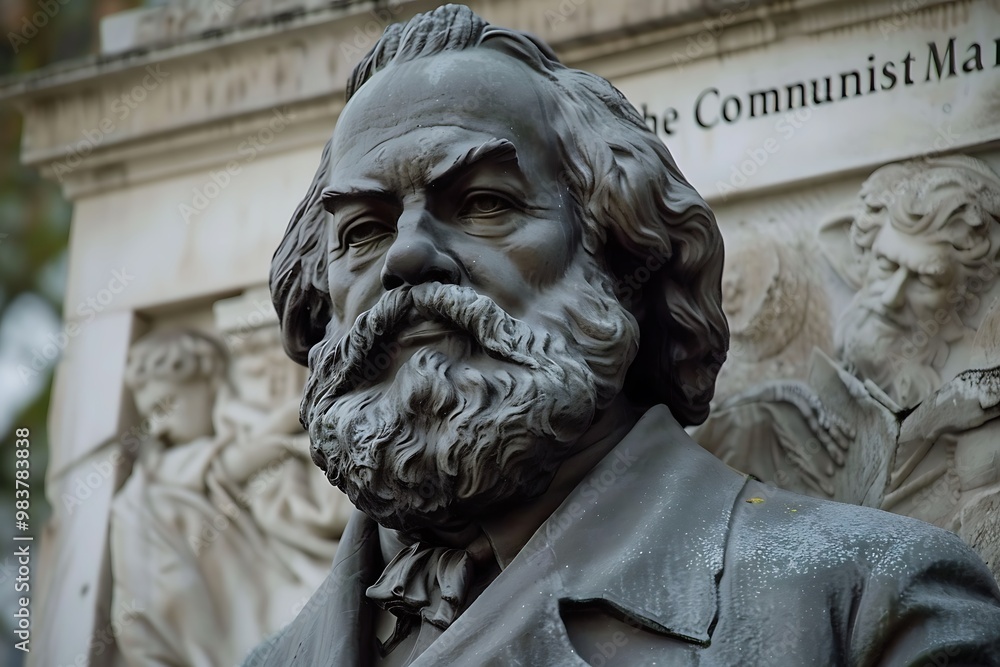 A detailed statue of Karl Marx, featuring his notable beard and somber ...