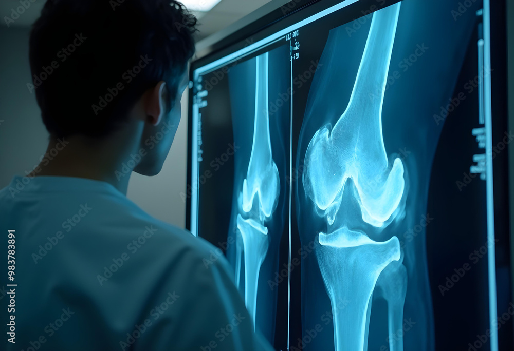 orthopedic surgeon is examining patients knee X ray, focusing intently ...