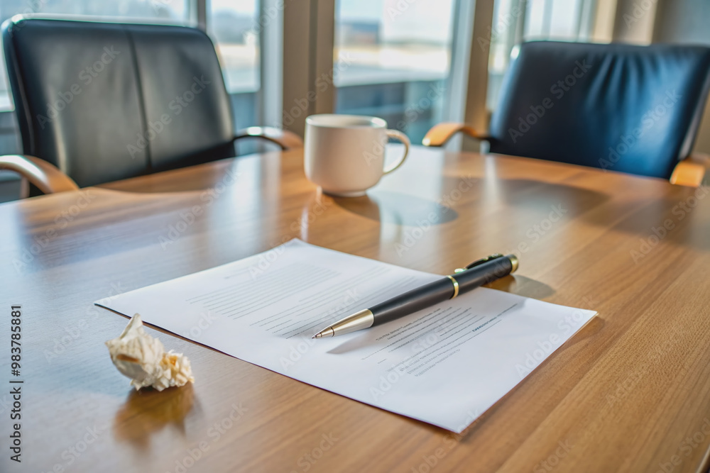 Empty office desk with broken pen, scattered papers, and a terminated ...
