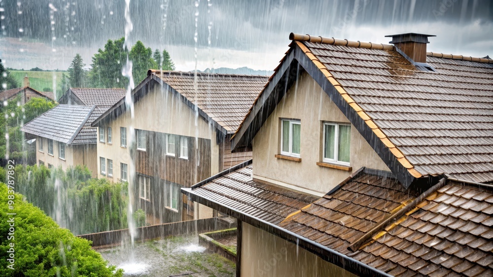 Rain water pouring off residential house rooftops during storm, storm ...