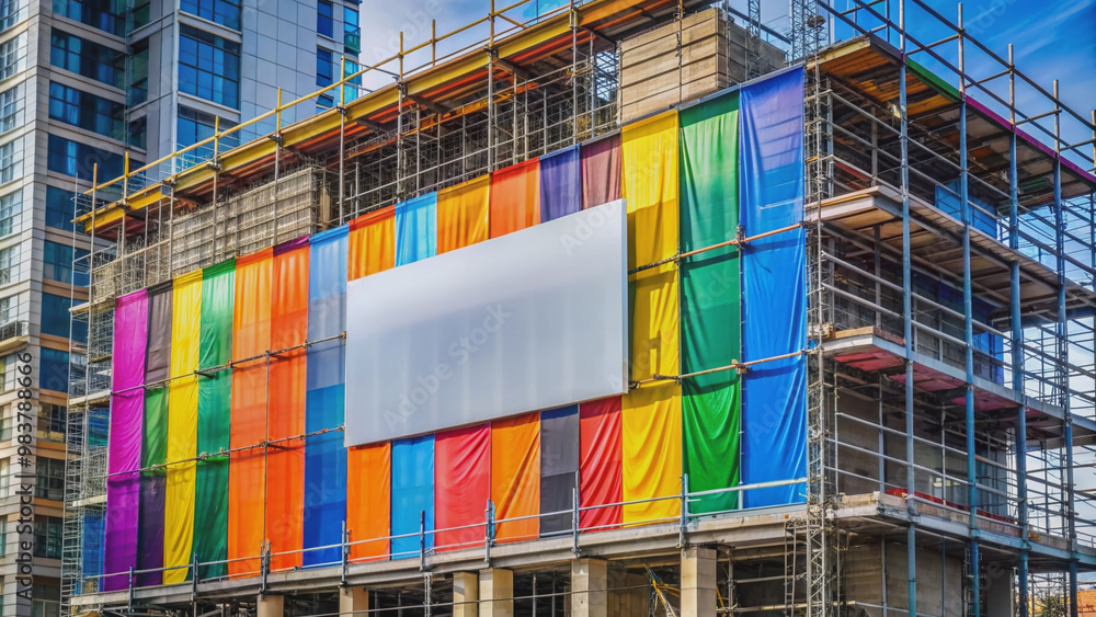 Colorful advertisement banner draped across scaffolding of a modern construction site, providing ...