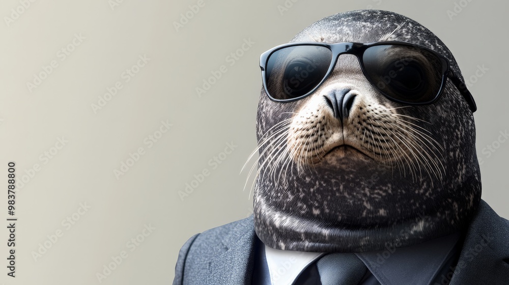 Seal dressed in a suit wearing sunglasses, posing against a plain ...