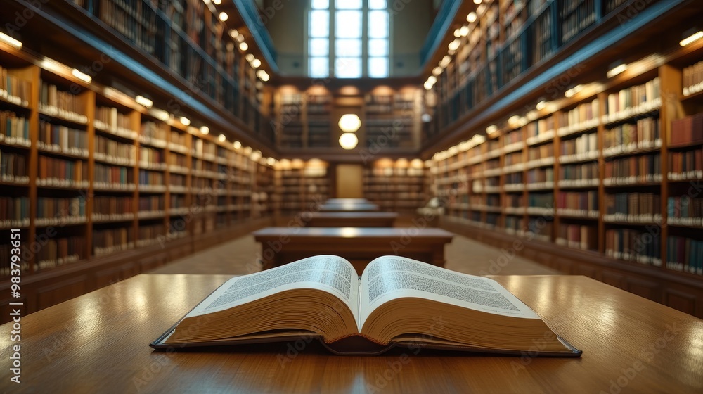 Open book and neatly stacked books on a wooden desk in a modern library ...