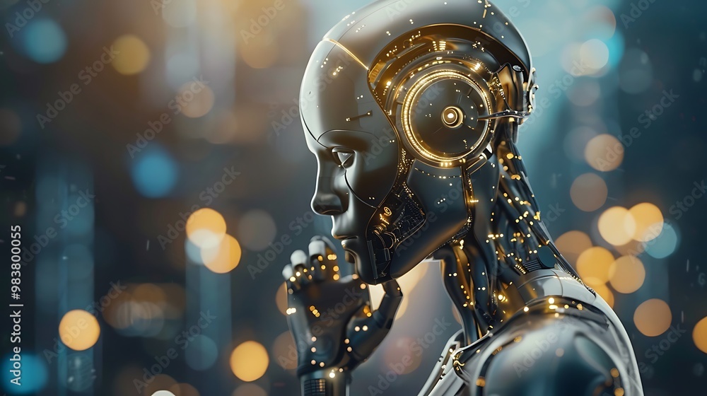 Android's head with intricate wiring and circuitry, set against a bokeh ...