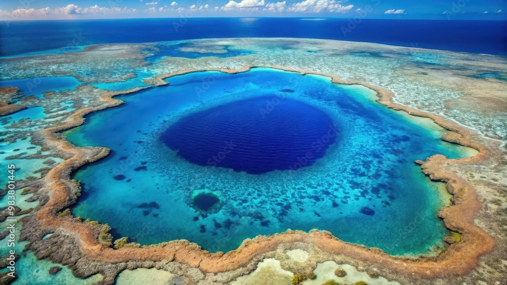 Aerial view of a stunning blue hole in the vibrant Great Barrier Reef ...