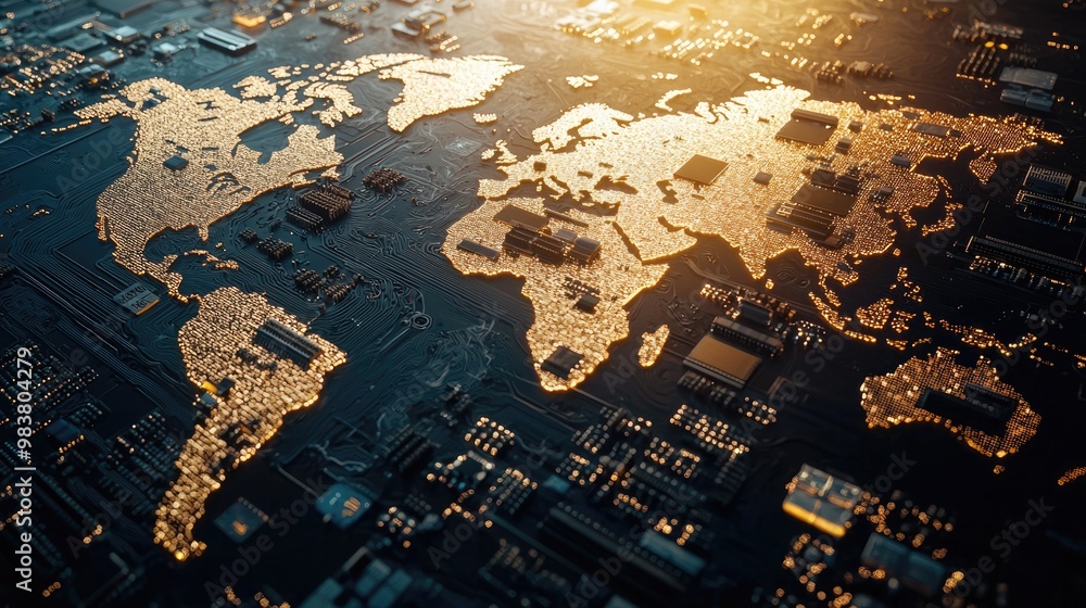Tech geography: world map crafted from microchips, global interconnectedness in digital age ...