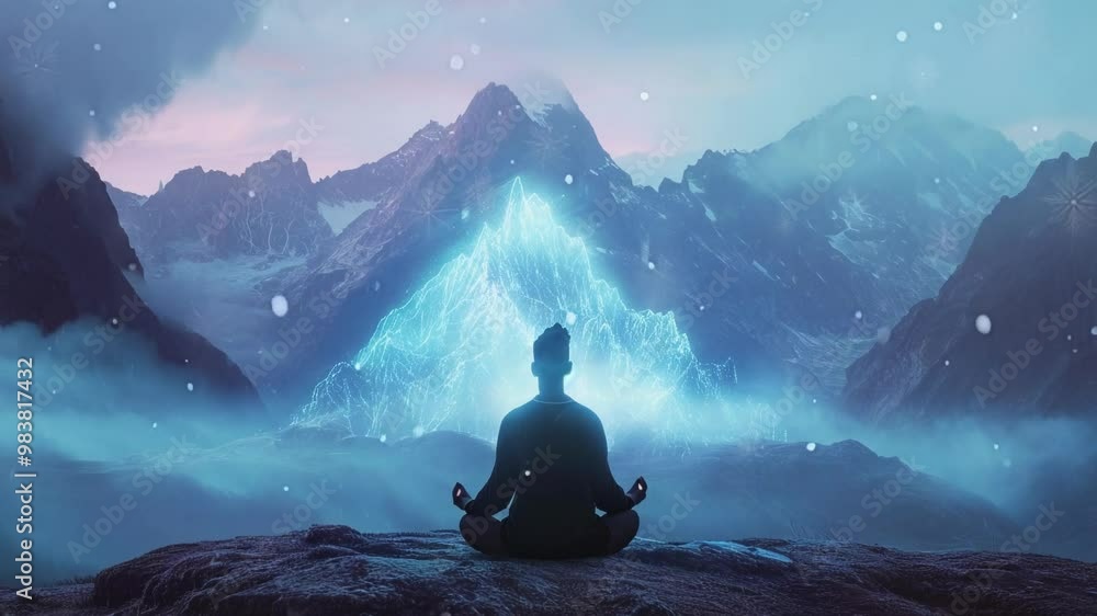 Man is meditating on a mountain peak at night, facing a holographic ...