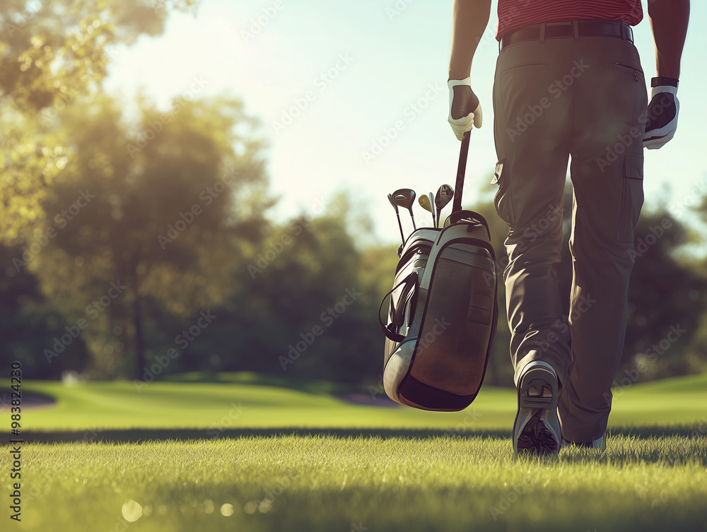 Caddie walking with a bag of clubs, Detailed focus on the golf bag ...
