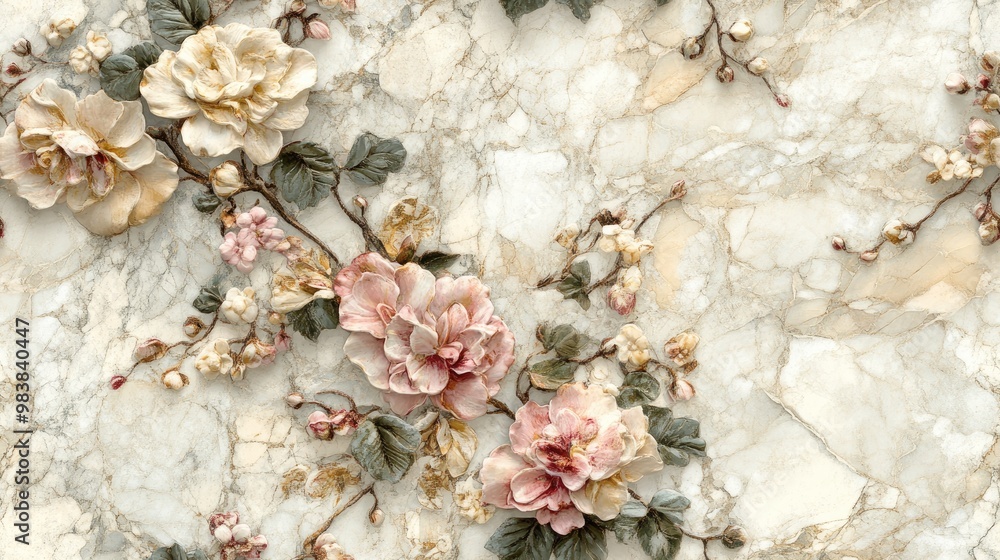Ceramic tile featuring an antique floral design with an Italian marble ...